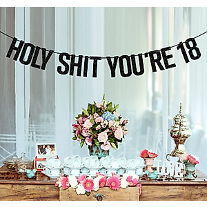 Black Glitter Holy Shit You're 18 Banner, Time to Adult, Cheers to 18 Years, Happy 18th Birthday Anniversary Birthday Party Decorations