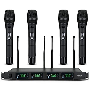 Asmuse Wireless Microphone System,4-Channel UHF Metal Cordless Wireless Mic, Fixed Frequency,4 Handheld Dynamic Microphones, Microphone for Party/Wedding/Speech/Church/Stage/Karaoke/DJ(MF-4400)