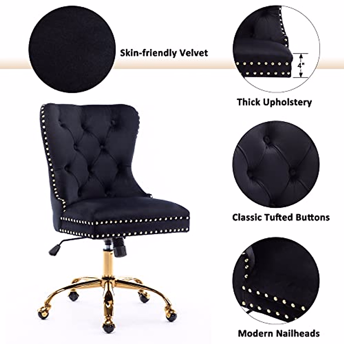 QUINJAY Velvet Home Office Desk Chair, Upholstered Adjustable Swivel Desk Chair with Gold Base, Tufted Study Desk Chair with Comfy High Back for Teens Study Makeup Black