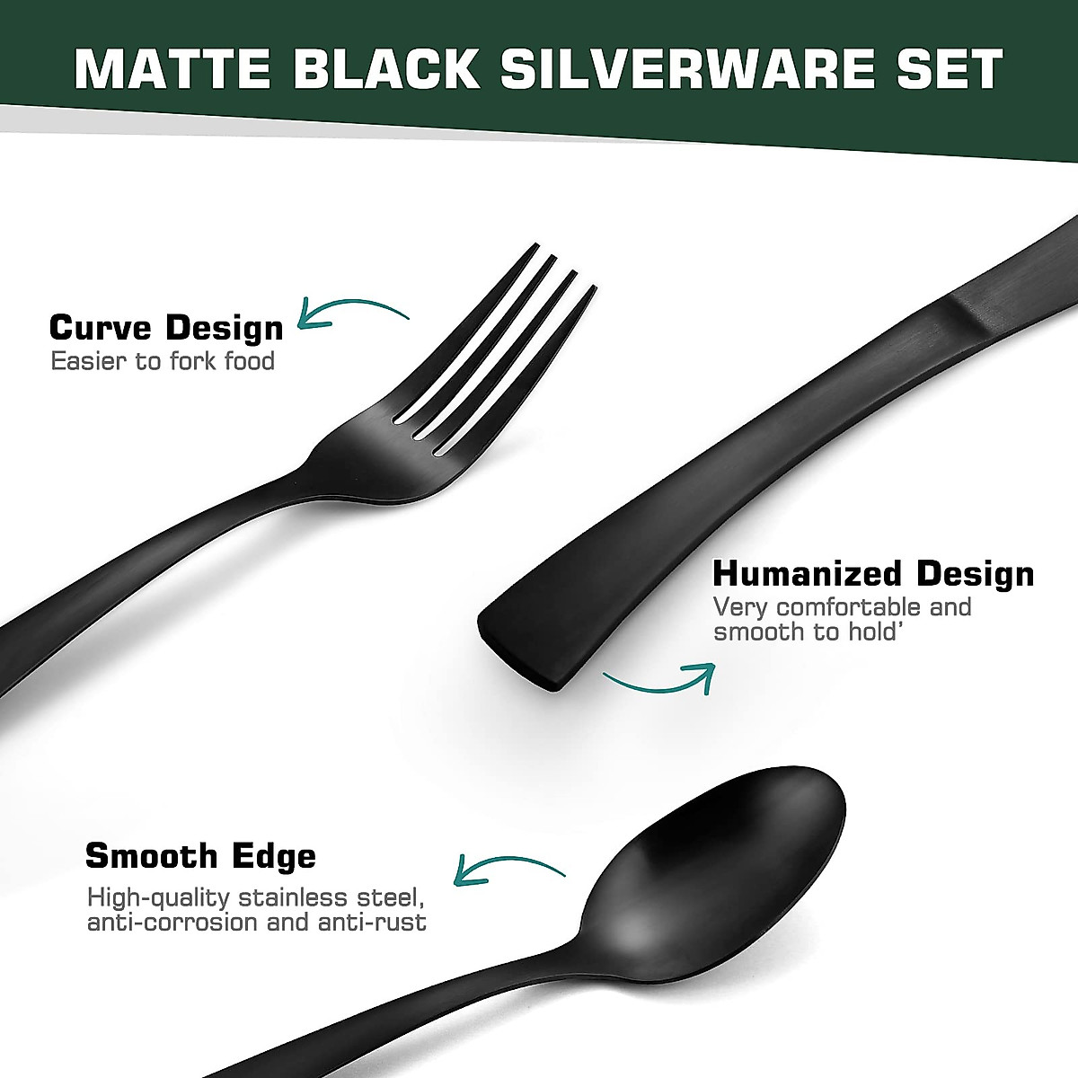 KassKa Matte Black Silverware Set 40 Pieces，Food Grade Stainless Steel Flatware Cutlery Set for 8,Kitchen Dinner Utensil Sets,Curved Knife Handle Design，Spoons and Forks Set，Dishwasher Safe