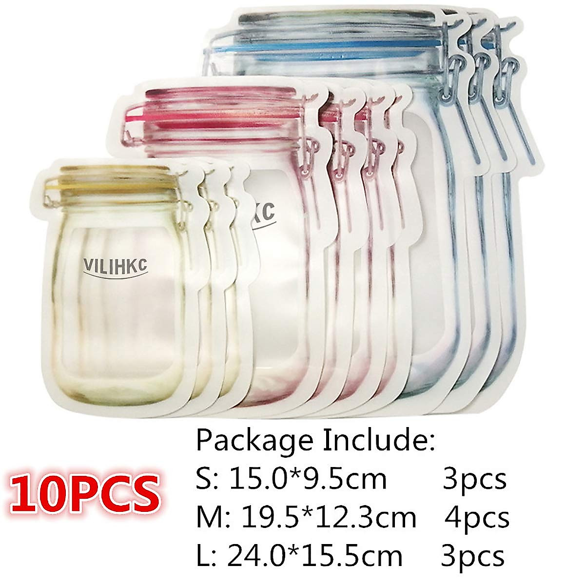 Vilihkc Reusable Storage Bags Mason bottle shape- 10 Pack Airtight Freezer Bags BPA FREE Lunch Bag for Food Travel Storage Home Organization