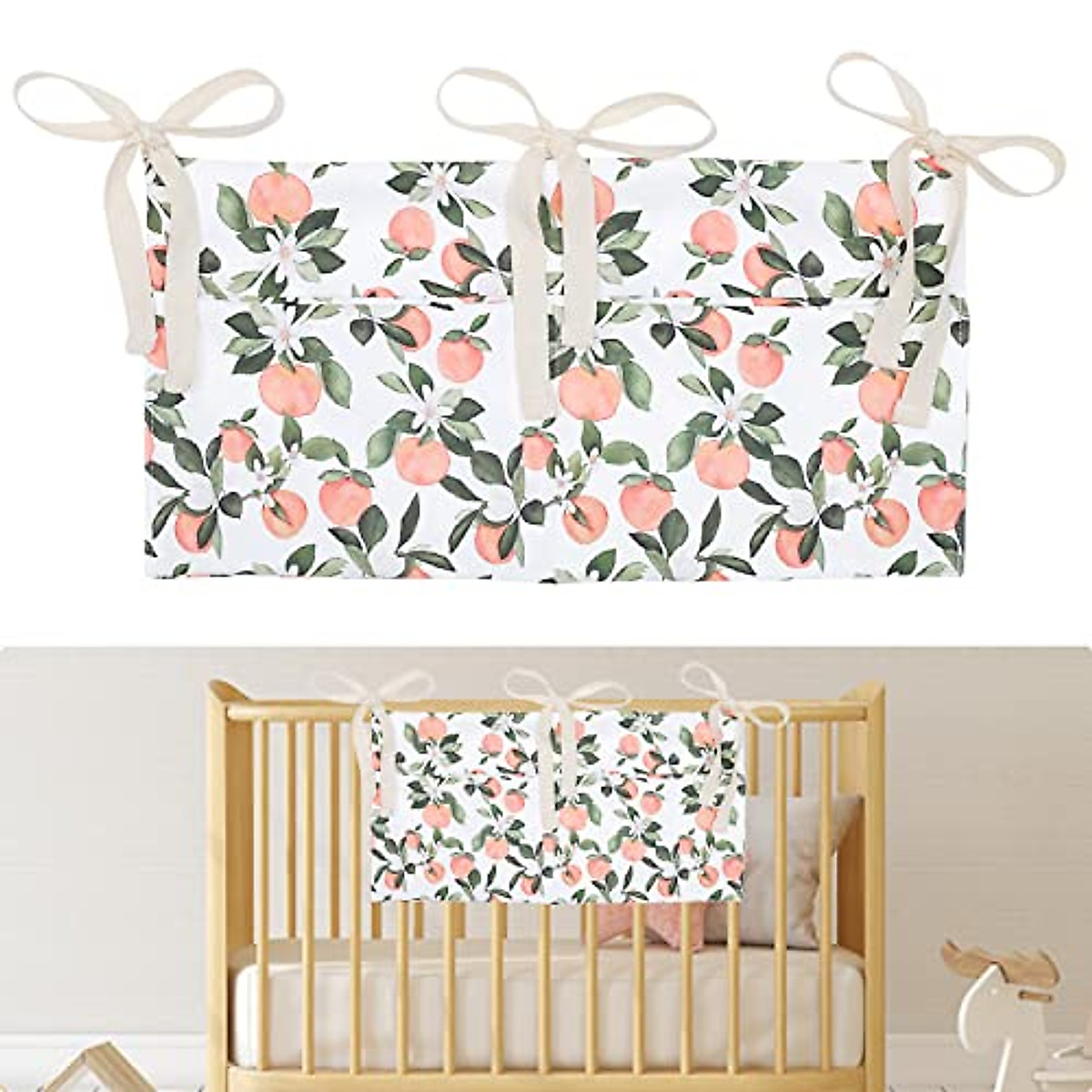 Baby Crib Organizer Cot Caddy Bed Storage Bag 2 Pockets Bedside Hanging Diaper Nursery Organizer for Diapers Toys Clothing (Orange)
