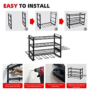 AKM TOOL Power Tool Organizer, 4 Layer Heavy Duty Drill Holder, Power Tool Organizer Wall Mount with 4 PCS Heavy Duty Steel Garage Hooks, Drill Holder Wall Mount for Garage Organization