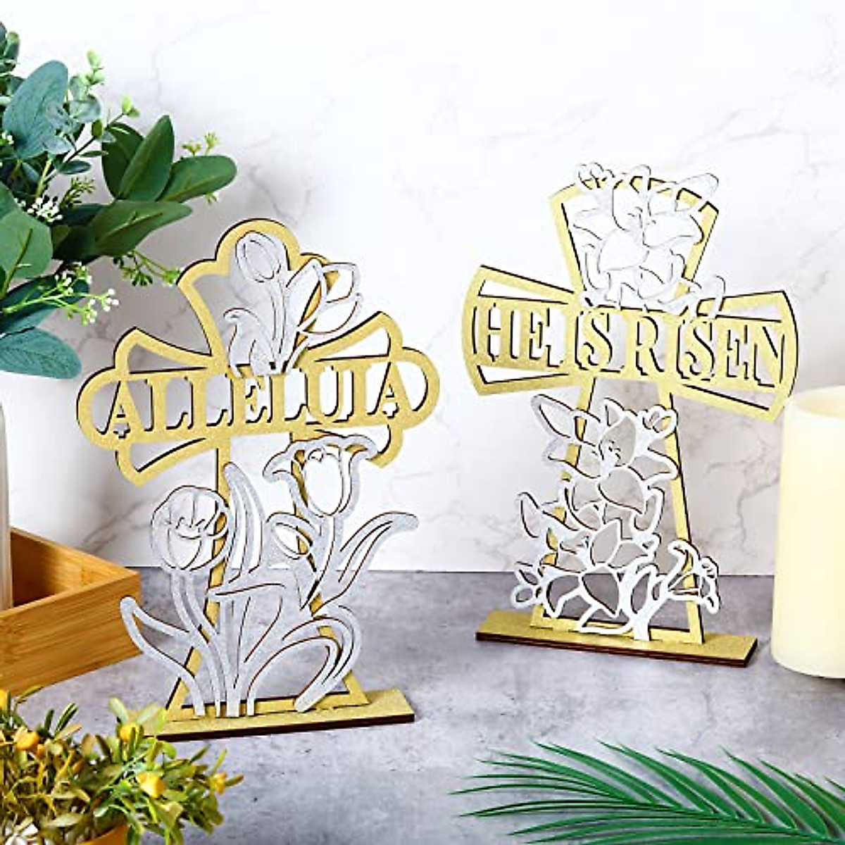 2 Pcs Easter Decorations Jesus Cross Sign Table Centerpieces Gold He Is Risen Cross Wood Tabletop 11in Alleluia Flower Christians Table Set Decor for Easter Tabletop Home Indoor Outdoor Spring Decor