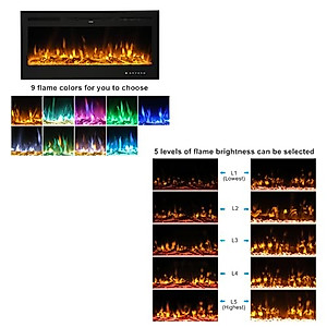 40” Electric Fireplace Inserts Wall Mounted Fireplace Heater with Remote Controls, 9 Realistic 3D Flame Colors, Adjustable Temperature, 8 Hour Timer, 750/1500 W Heater, Low Noise