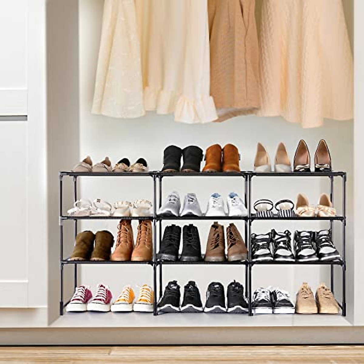 HOUSE AGAIN 4 Tier Long Shoe Rack for Closet, Shoe Shelf 24-Pairs Wide Non-Woven Cloth Max Weight 100LBS, Storage Organize for Floor, Bedroom, Entryways, Garages, Dorm, Apartments, Black