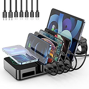 Wireless Charging Station for Multiple Devices, 75W 5 Ports USB Charging Station with PD USB-C & QC 3.0 Ports and Wireless Charging Pad,7 Short Charging Cables Included for iPhone iPad,Tablets