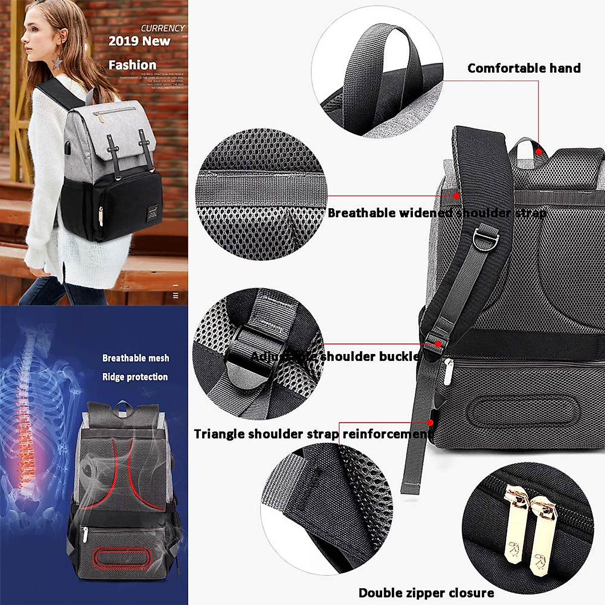 Mummy Diaper Bag Backpack Multi-Function Waterproof Travel Nappy Bags for Baby Care, Large Capacity, Stylish and Durable, USB Charging Port for Bottle Warmer, Black-Grey