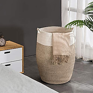 Cotton Rope Laundry Hamper by YOUDENOVA, 105L - Woven Collapsible Laundry Basket - Clothes Storage Basket for Blankets, Laundry Room Organizing, Bedroom Storage, Clothes Hamper – Brown & White