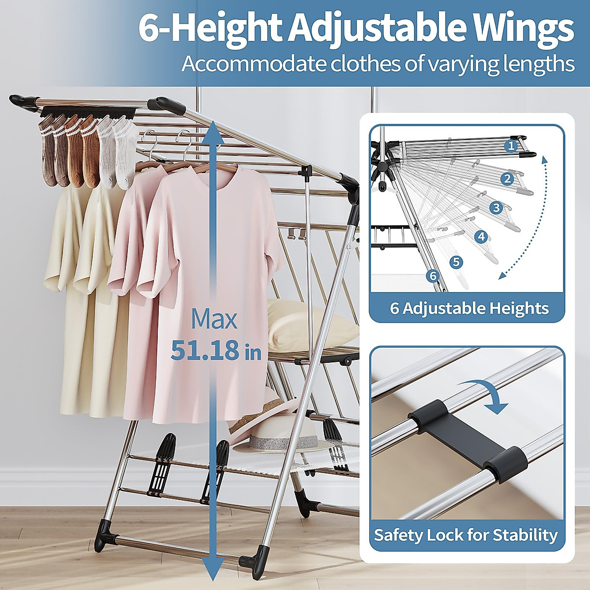 APEXCHASER Clothes Drying Rack with High Hanger, Foldable 3-Level Drying Racks with Shoe Rack, Crossbar and Vertical Rod Laundry Stand with Adjustable Wings