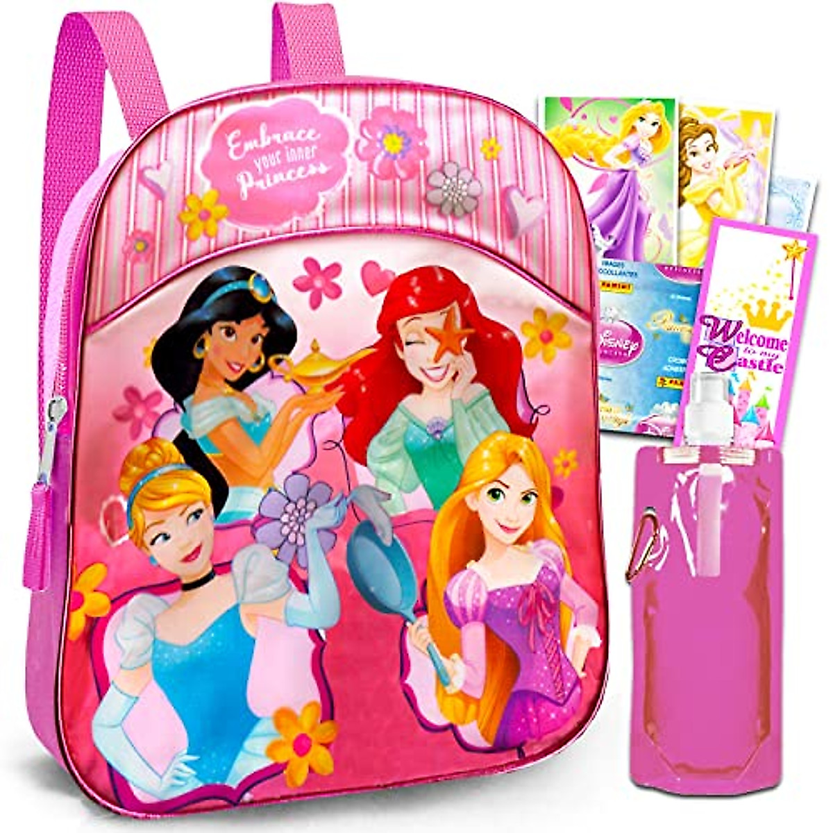 Disney Princess MINI Backpack for Girls ~ 4 Pc Preschool Supplies Bundle with Disney Princess 10" Mini Backpack for Kids, Toddlers, 16oz Pink Water Pouch, Stickers and More