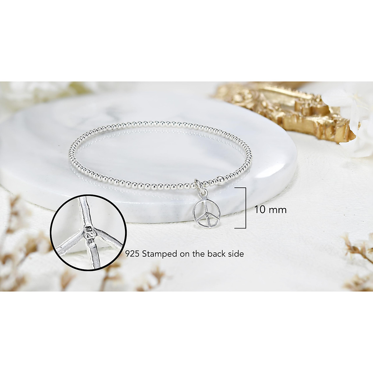 AeraVida Always Stylish and Vintage Inspired Sterling Silver Peace Sign or Symbol Beaded Elastic Stretch Fit Bracelet | Unisex Bracelets| Peace Sign Bracelet | 10mm Bracelets