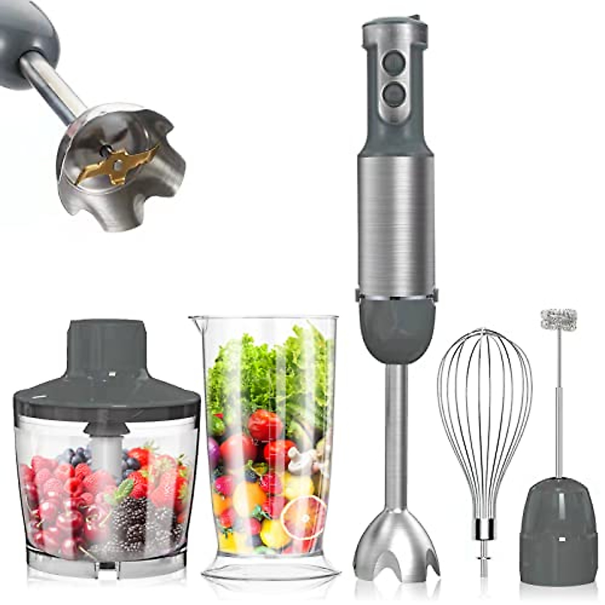 Hand Blender, 5 in 1 Blender, Hand Blender Electric 800W 6-Speed and Turbo Mode, Immersion Blender with 500ml Food Chopper, 600ml Container, Milk Frother, Egg Whisk, for Smoothie Sauces Food Soups