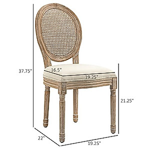 HOMCOM French-Style Upholstered Dining Chair Set, Armless Accent Side Chairs with Rattan Backrest and Linen-Touch Upholstery, Set of 2, Cream White