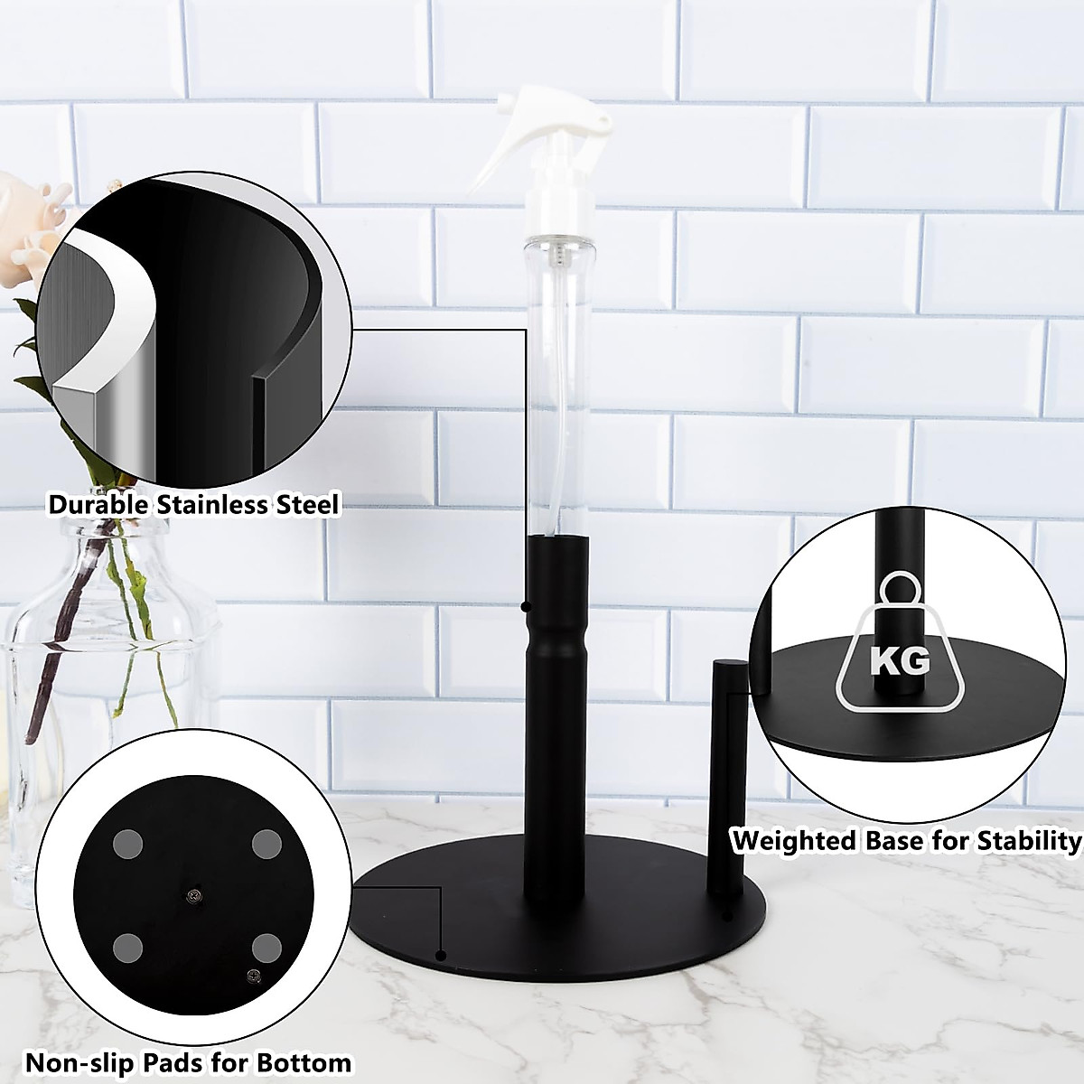 Paper Towel Holder with Spray Bottle Focalmotors Black Stainless Steel Napkin Roll Dispenser Stand, One-Handed Operation Countertop Paper Towels Holder with Non Slip Weighted Base
