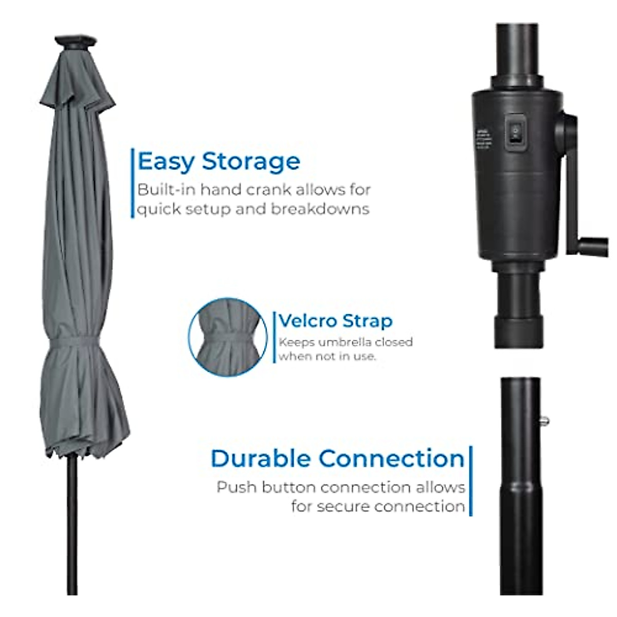 Sun-Ray 811028G 9' Round 8-Rib Next Gen Solar Lighted Patio Umbrella 32 LED Lights, Crank and Tilt, Aluminum Frame, Grey