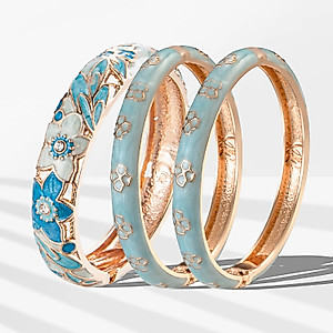 UJOY Fashion Cloisonne Bangle Jewelry Hollowed Rose Handmade Enamel Gifts Cuff Open Bracelet Bangles for Women Gilrs 88A11 3pcs-blue