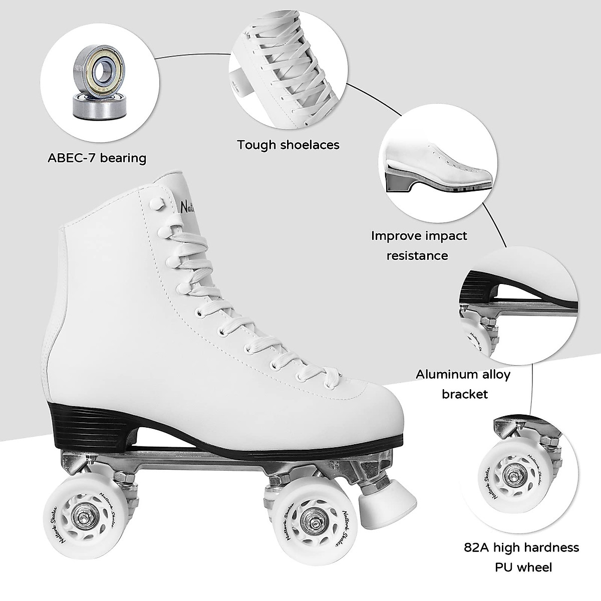 Roller Skates for Women with PU Leather High-top Double Row Rollerskates, Unisex-Adult Indoor Outdoor White Derby Skate Size 7 with Adjustable Fast Braking for Beginner