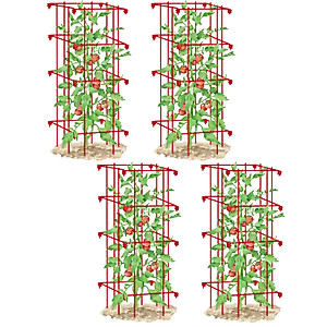 Gardeners Supply Company Lifetime Tomato Cages Plant Stand | Heavy Gauge Sturdy Garden Plants Support for Tomatoes and Other Climbing Plants | No Assembly Needed - Red (Set of 4)