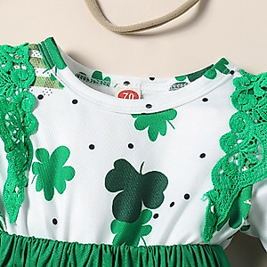 Noubeau Infant Baby Girl St. Patrick's Day Dress Ruffle Long Sleeve Romper Top Lucky Clover Print Skirt Outfits+Headband（Green- Dress,6-9 Months）