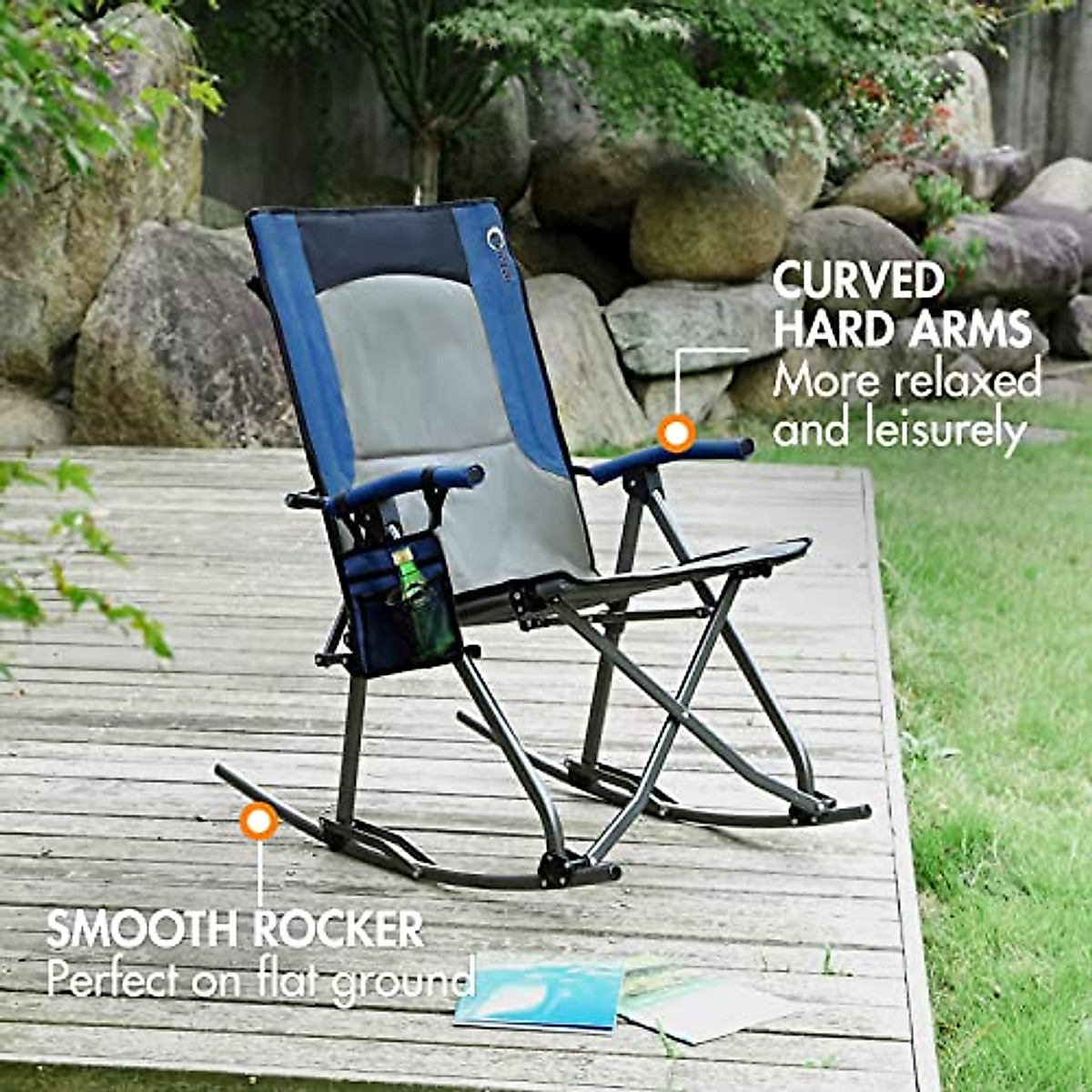 PORTAL Folding Rocking Chair, Oversized Camping Rocker Outdoor with High Back Hard Armrest, Support 300lbs (Blue)