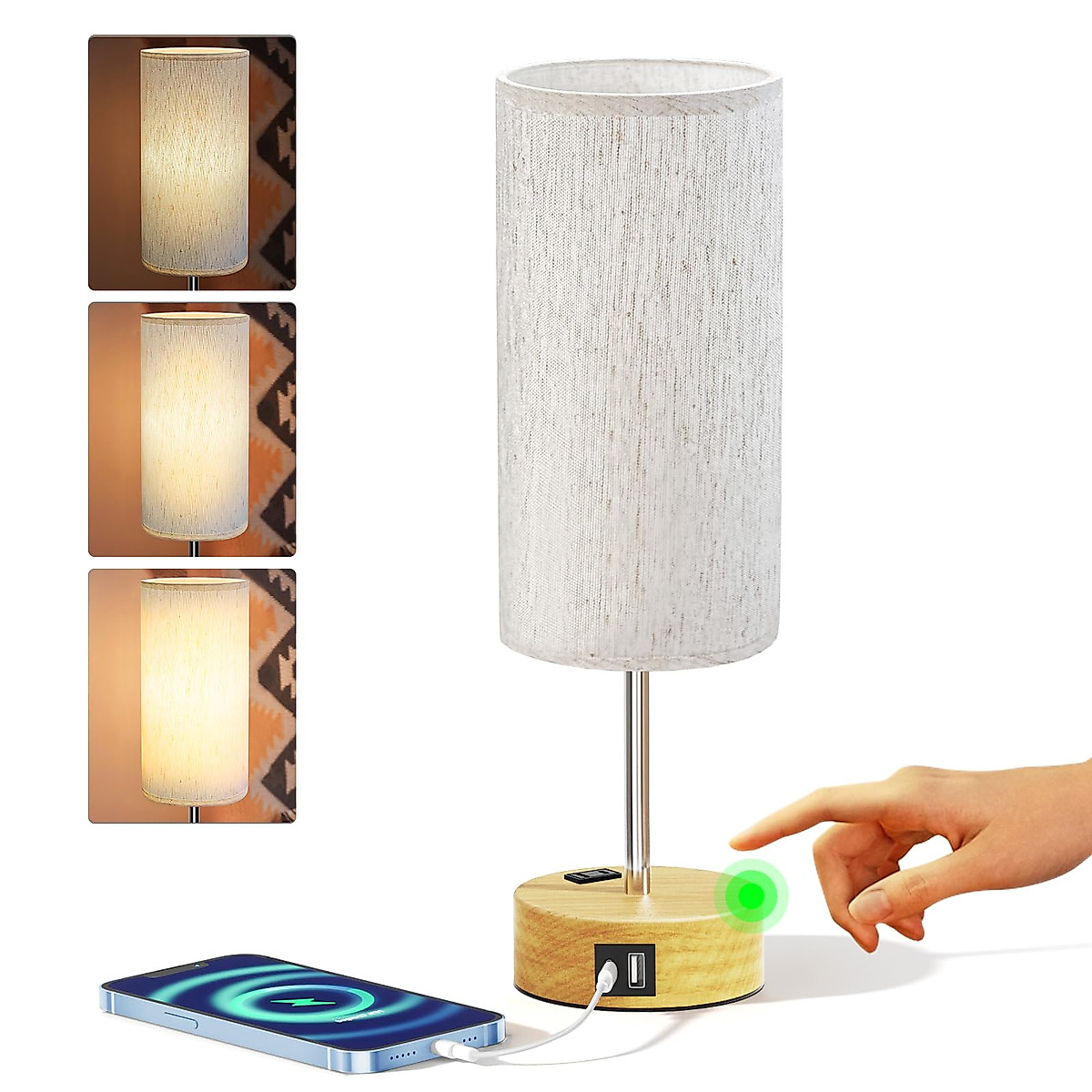 KPQ 【Upgraded】 Bedside Lamp Touch Control Table Lamp with USB A+C Charging Ports & AC Outlet 3-Way Dimmable Nightstand Lamp with Linen Fabric Shade for Bedroom Living Room(E26 Light Bulb Included)