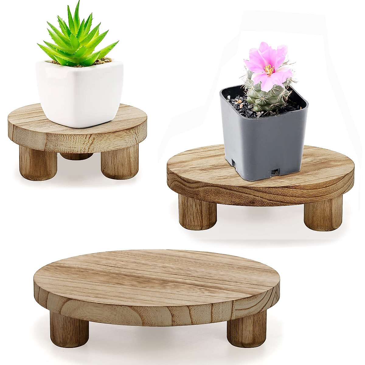 Bekith 3 Pack Wooden Stool Display Stand, Wood Stool Plant Riser, Round Small Plant Stand, Rustic Stool Flower Pot Holder, Modern Decorative Display Stand for Home Indoor and Outdoor