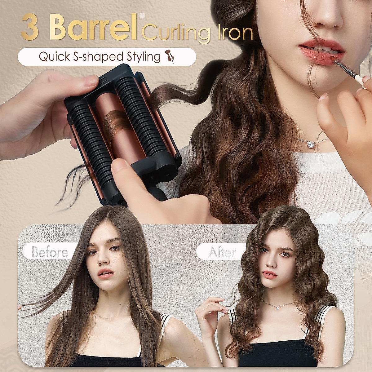 Novus 3 Barrel Waver Curling Iron: Anti-Scald, 1 inch Rapid Heating Wand with 3 Heat Settings, Temp Adjustable Portable Crimper for Deep Waves