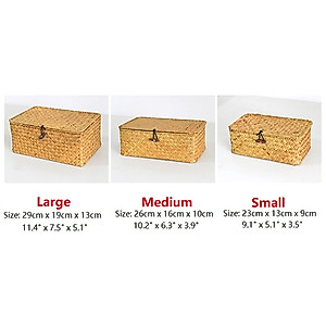 AOMYGOD 3 Pcs Wicker Shelf Storage Baskets with Lid Handwoven Seagrass Rectangular Box with Cover Household Woven Rattan Organizer Bins Shelf Wardrobe Organizer (Beige)