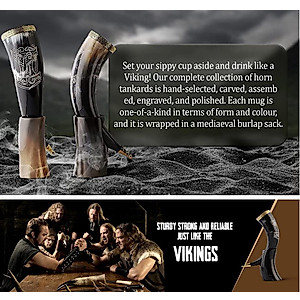 Bhartiya Handicrafts Viking Drinking Horn with Stand - Unique Genuine Ox Horn - Handmade Horn- Mjolnir Carved Horn - Thor Horn 4 pieces