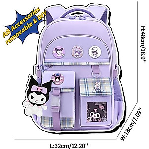 HAPIKI Kawaii Backpack with 18Pcs Accessories Anime Cartoon Bag with Cute Pin Anti Theft Travel Aesthetic Season Gifts Backpack (Purple)