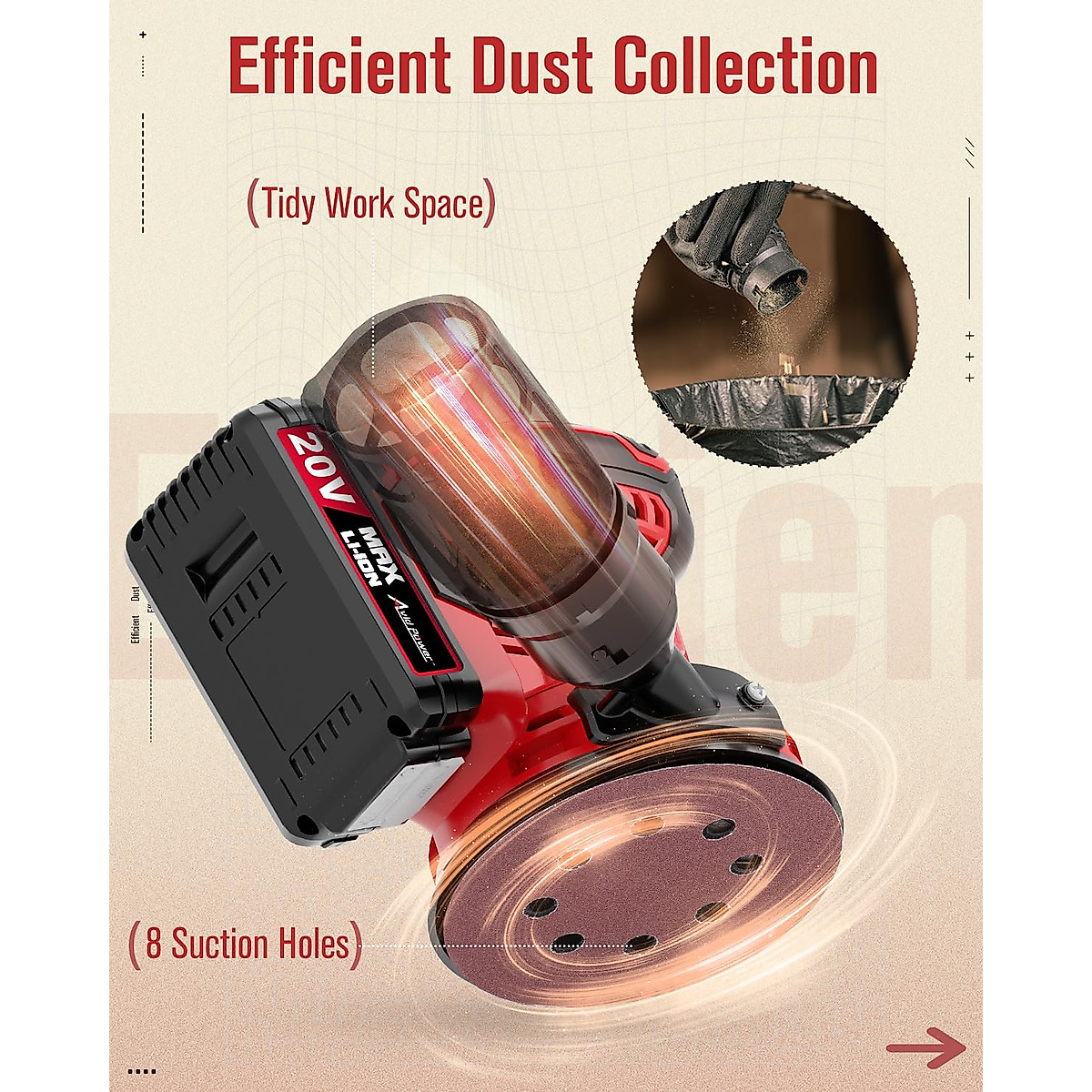 AVID POWER 20V Cordless Orbital Sander 5 Inch Electric Sander Tool with 6 Variable Speeds 7000-11000 RPM Battery Powered Sanders for Woodworking, 30 Pcs Sandpapers and Dust Collection Bag