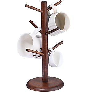 Patelai Coffee Mug Tree with 6 Hooks Wood Mug Holder Tree Mug Stand Hanger Kitchen Coffee Mug Tree Countertop Tea Cups Holder Stand 14 Inch Removable Mug Stands(Brown)