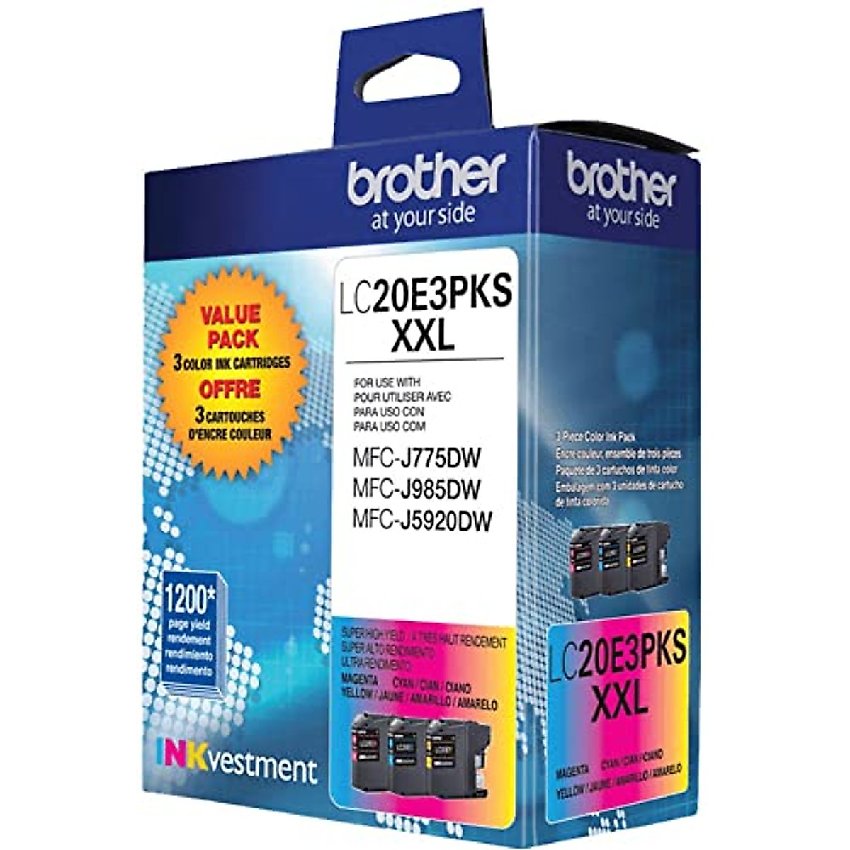 Brother Genuine High Yield Color Ink Cartridge, 3 Pack of LC20E, Replacement Color Ink Three Pack, Includes 1 Cartridge Each of Cyan, Magenta & Yellow, Page Yield Up to 1200 Pages/Cartridge, LC20E
