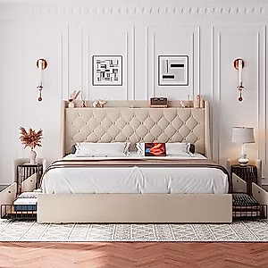 iPormis Full Size Bed Frame with 4 Storage Drawers, Upholstered Platform Bed Frame with Type-C & USB Ports, Wingback Storage Headboard, Solid Wood Slats, No Box Spring Needed, Beige