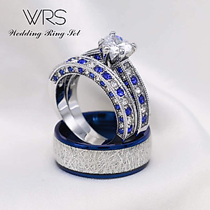 Two Rings His Hers Wedding Ring Sets Couples Matching Rings Women's 2pc White Gold Filled Heart CZ Wedding Engagement Ring Bridal Sets Men's Stainless Steel Wedding Band
