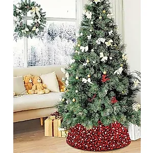 ROMANKAS Christmas Tree Collar Red and Black Glitter Xmas Tree Collar 23.6 Inch Sequins Christmas Tree Skirt Sparkle Tree Base Cover Bling Xmas Tree Ring for Holiday Party Christmas Decoration