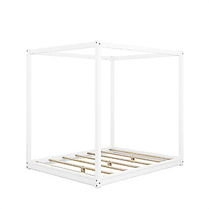 FIQHOME Queen Size Canopy Platform Bed with Support Legs,Four-Poster Canopy Platform Bed Frame with Headboard, Wooden Queen Bed with Support Legs,for Kids Teens Adults, No Box Spring Needed,White