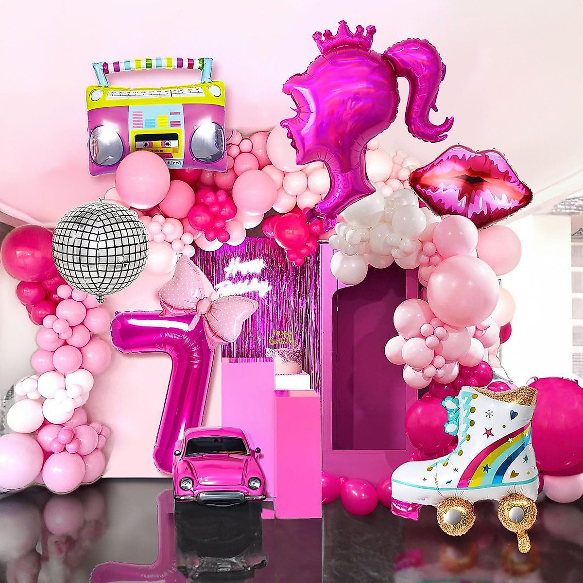 7 PCS Hot Pink Princess Foil Balloon Girl Head Balloons for Pink Princess Doll Theme Party Decorations Photo Booth Backdrop Little Girl Adult Baby Shower Bachelorette Makeup Birthday Supply