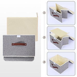 Lucky Monet Collapsible Storage Bins with Lids & PU Leather Handles - PP Plastic Board Washable Linen Fabric Storage Box, Foldable Storage Cubes for Organizing Home Bedroom Closet Office (Large, Gray)