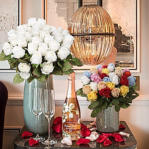 DILATATA Artificial Realistic Roses White Flowers 24" Real Touch Silk Roses Bouquet Long Stems Rose Fake Roses Decor for Home Party Wedding Table Centerpieces Roses Realistic - 5 Pcs