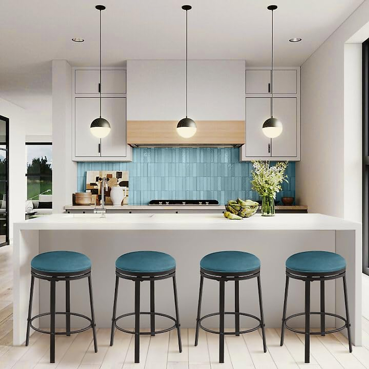 OUllUO Industrial Blue Bar Stool, 24" Counter Height, PU Leather, Backless Round Saddle, 16" Seat, 17.3 lbs, 1 Pc