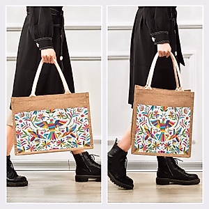 Eionryn Mexican Otomi Birds Floral Jute Tote Bag Reusable Grocery Shopping Bag Burlap Beach Bag Market Bags With Handle for Wedding Party Gift DIY 16.9 x 12.6 x 7.1 inch