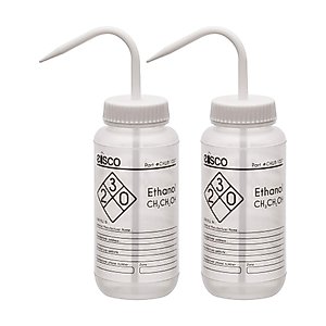EISCO 2PK Wash Bottles for Ethanol, 500ml - Labeled with Chemical Information & Safety Information (1 Color) - Wide Mouth, Self Venting, Low Density Polyethylene - Performance Plastics Labs