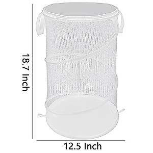 Qtopun Mesh Popup Laundry Hamper With Cover, Foldable Portable Cylindrical Dirty Clothes Basket for Bedroom, Kids Room, College Dormitory and Travel — White