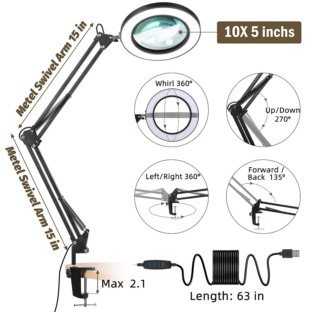 LANCOSC Magnifying Glass with Light and Stand, 5 Inches 5X Real Glass Lens, 3 Color Modes Stepless Dimmable LED Desk Lamp, Adjustable Arm Lighted Magnifier Light for Reading Repair Crafts Close Work
