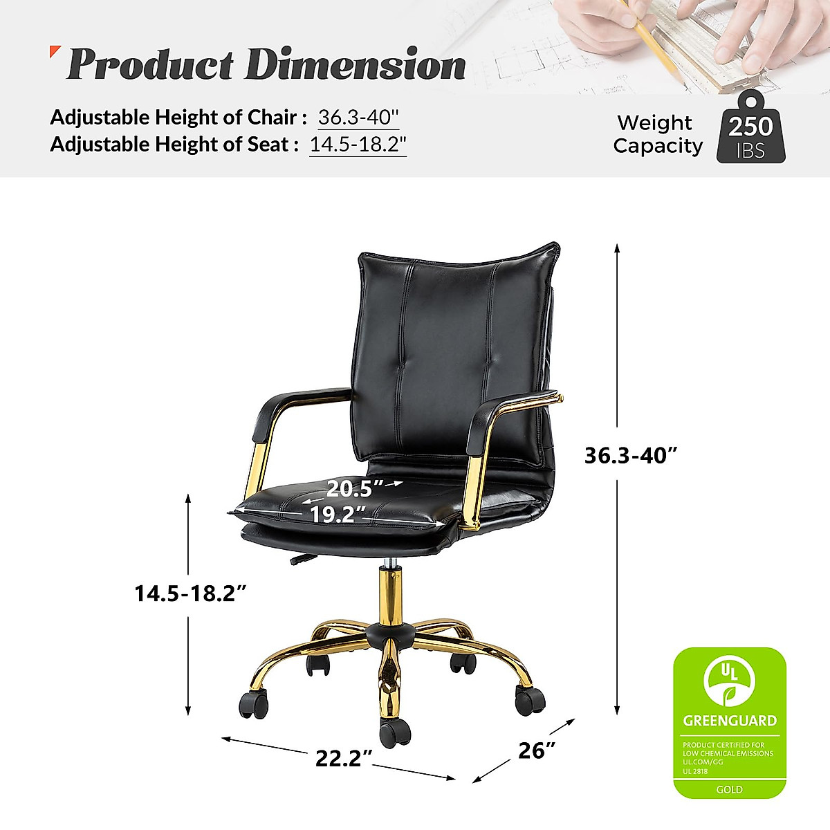 HULALA HOME Faux Leather Home Office Desk Chair, Adjustable Swivel Computer Chair with Golden Legs and Arms, Comfy Upholstered Task Chair, Black