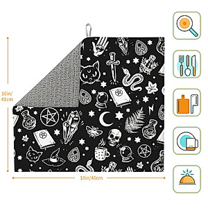 Dish Drying Mat For Kitchen Counter Skull Cat Moon Gothic Design Super Absorbent Microfiber Drainer Mat Extra Large Dishes Drainer Pad Kitchen Decor Accessories