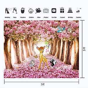 Bambi Backdrop for 1st Birthday Party 7x5 Pink Flowers Bambi and Butterfly Baby Shower Background for Girl Vinyl Spring Forest Bambi Themed Happy Birthday Backdrops for Kids