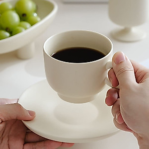 WENSHUO Cappuccino Cup, Round Retro Coffee Mug, Cup and Saucer Set, Matte Crème, 6.7 oz